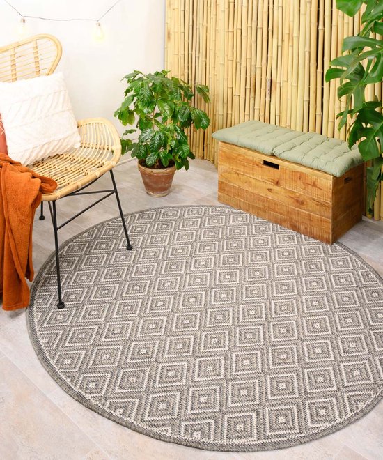 Rond buitenkleed ruiten Sunny Gem - grijs 100 cm rond | bol.com