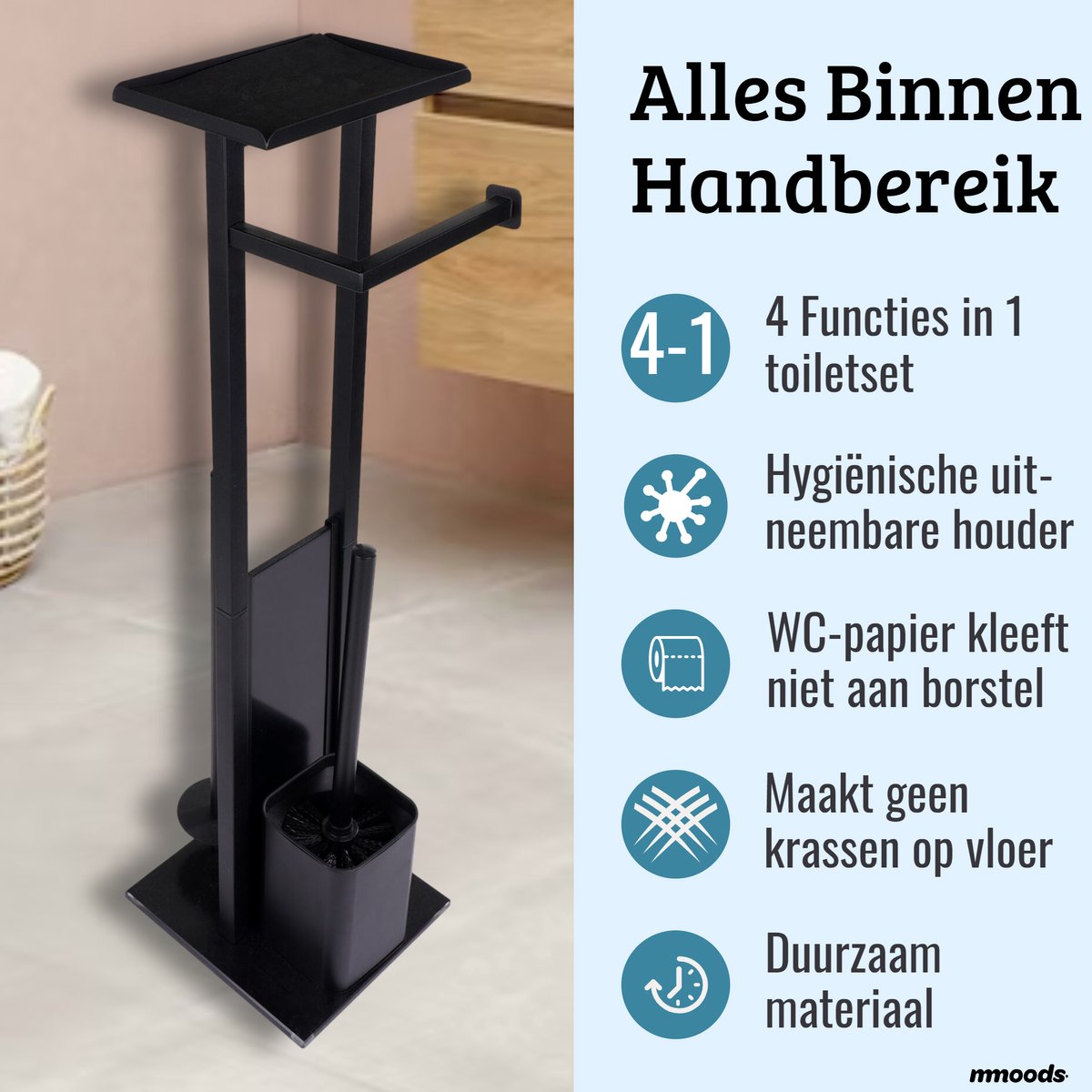 Mmoods Toiletbutler Zwart - WC Borstel met Toiletrolhouder Vrijstaand ...