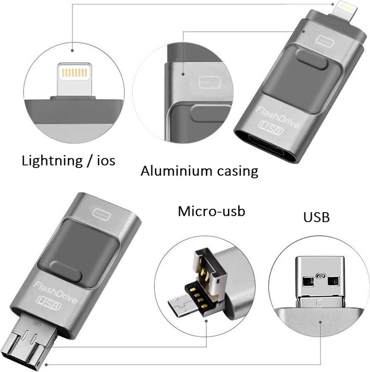 Xd Xtreme - Flashdrive 128GB - 3 in 1 - Zilver - lightning - micro usb ...