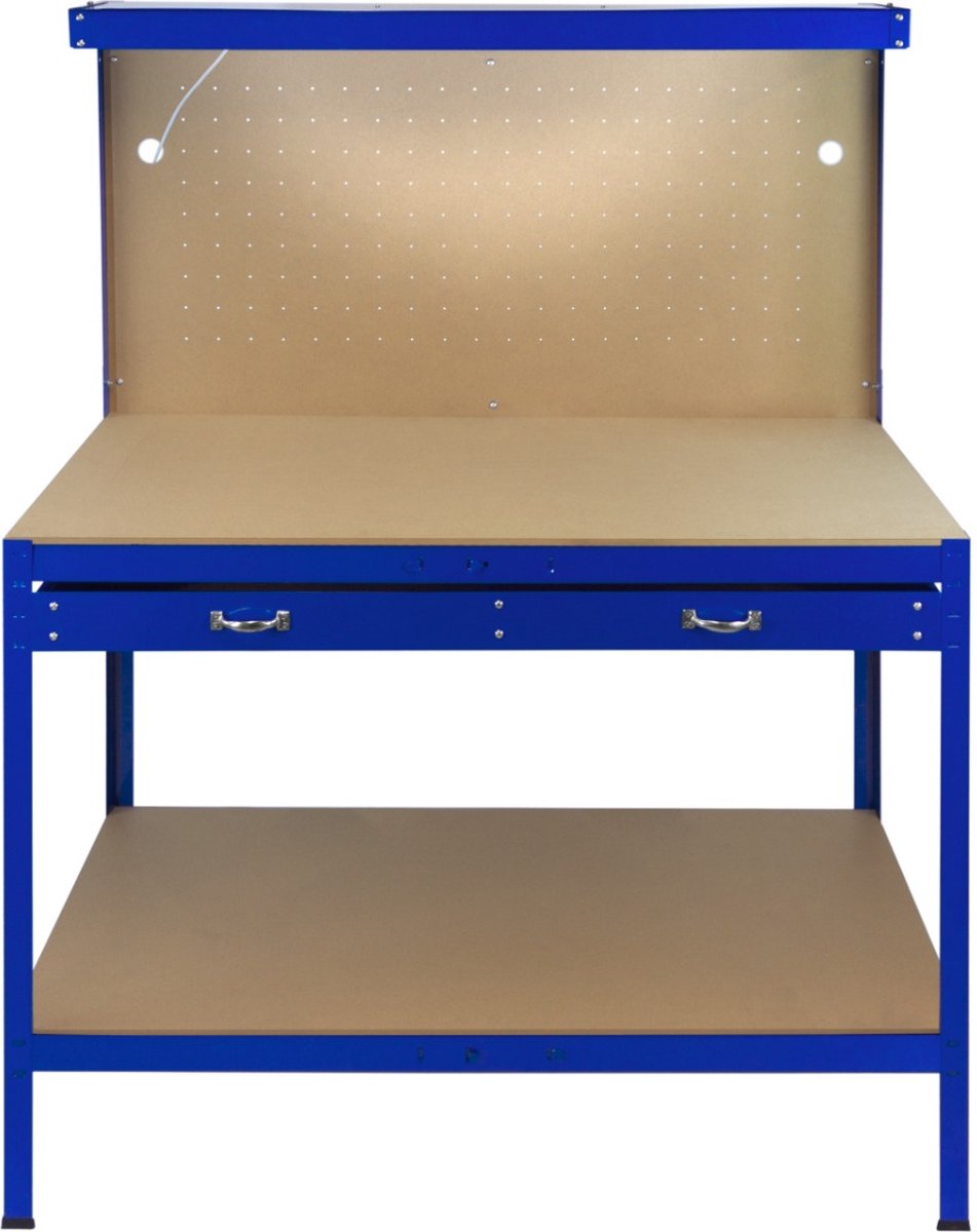 Werkbank Werktafel - 120x60x155 cm - Achterwand Ophangbord + Lade + LED ...