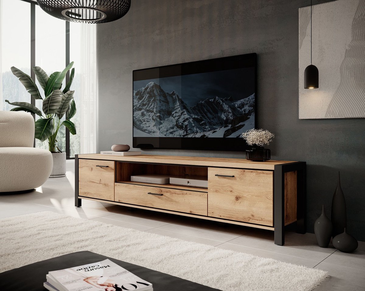 Meubella - TV-Meubel Acapulco - Eiken - Zwart - 210 cm | bol