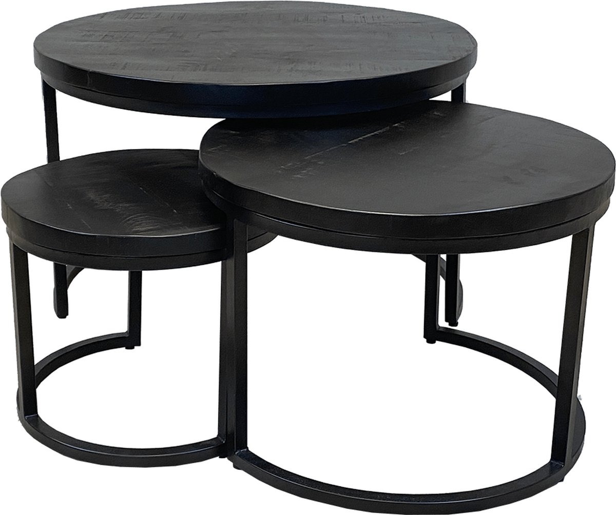 Salontafel rond industrieel mangohout Salontafel Set van 3 zwart | bol
