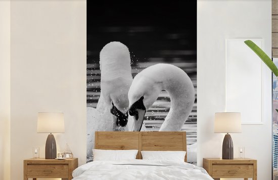 Behang - Fotobehang Twee witte zwanen in gevecht - Breedte 120 cm x ...