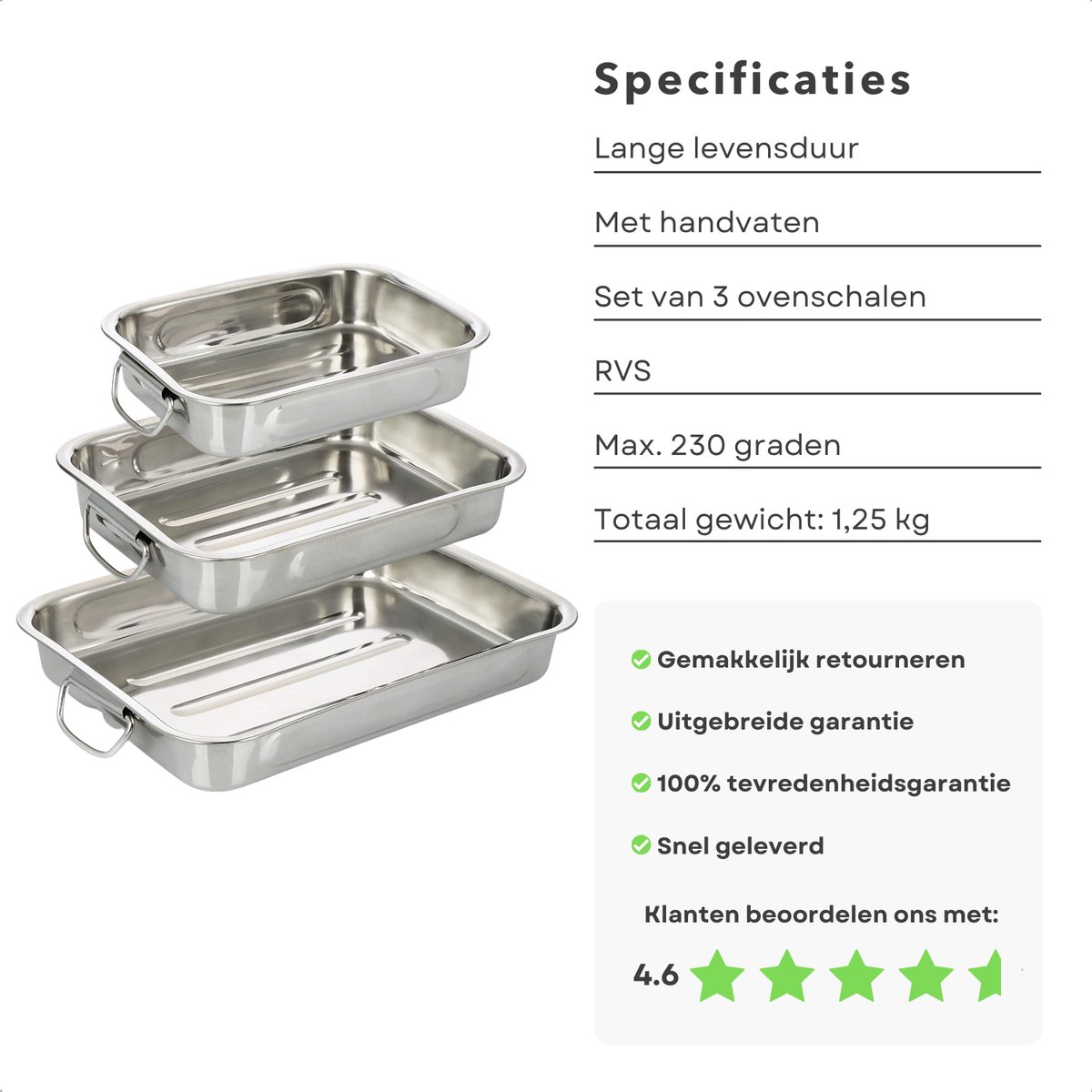 Cheqo® Braadslee Set - Braadslede Set - Ovenschalen - RVS - Set van 3 ...