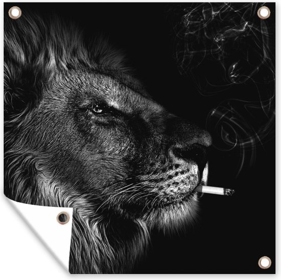 Tuin poster Leeuw - Roken - Zwart - Wit - 200x200 cm - Tuindoek ...