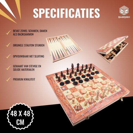 Shagam - 3-in-1 Set - 48 x 48 cm - Schaakbord - Dambord (8x8 ...