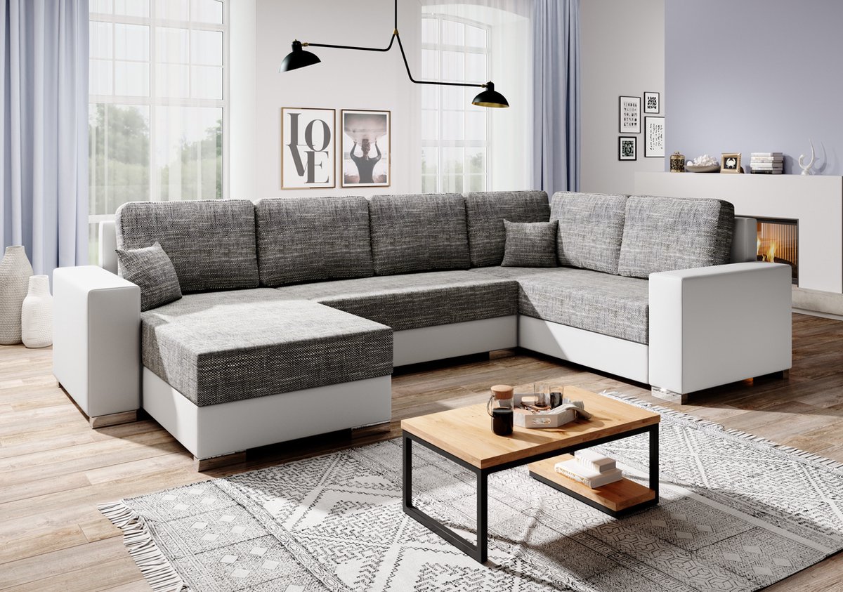 Hoekbank Reyiz wit + Grijs U vorm hoeksalon met slaapfunctie en ...