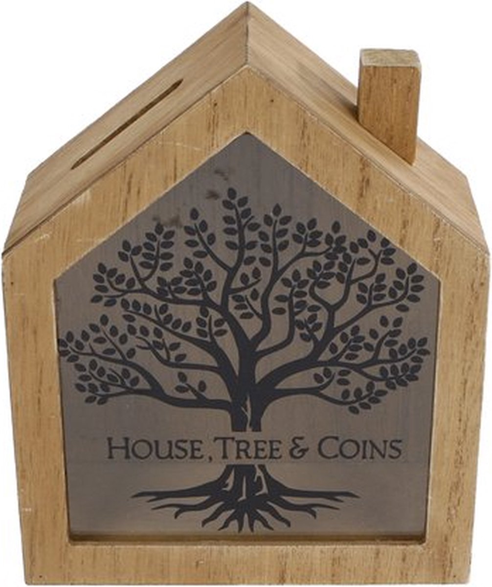 Teksten - Spaarpot "house, Tree & Coins" Naturel Hout 15x18x7cm | bol