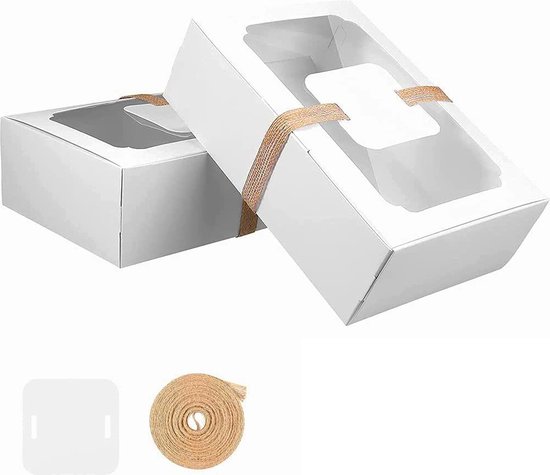 12 Stuks - Gebak Doosjes Met Raampje - Met Labels En Jute Lint ...