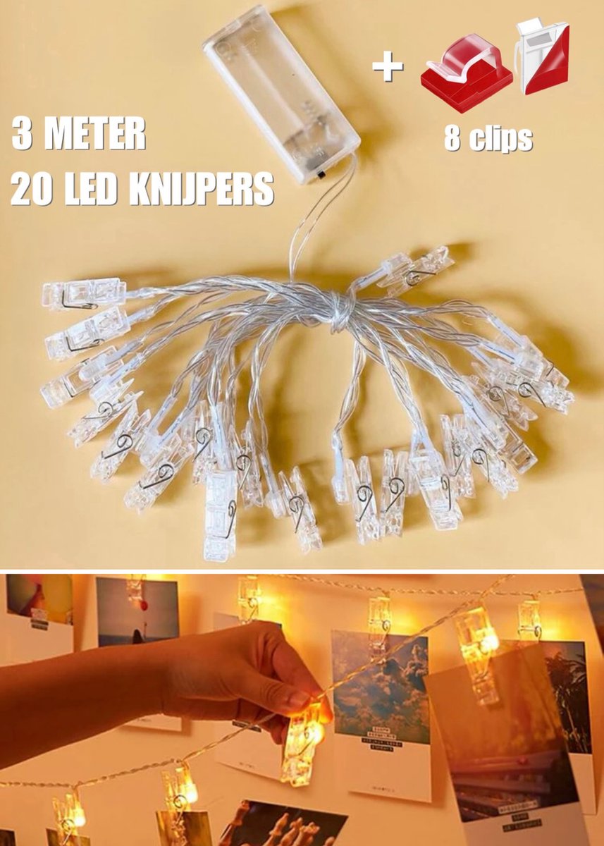 Foto lichtsnoer met knijpers- 20 LED lampjes slinger - Lichtslinger - 3 ...