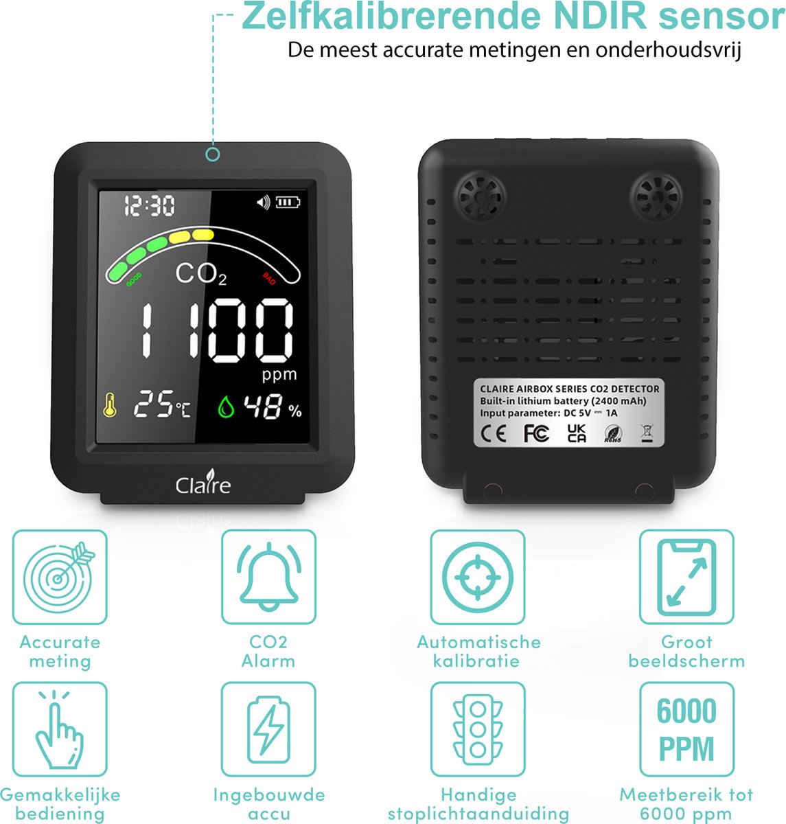 Claire Airbox CO2 meter - Luchtkwaliteitsmeter - Met hygrometer en ...