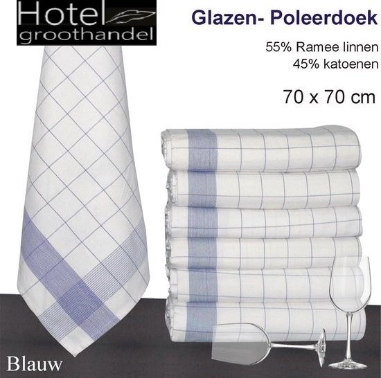 Glazendoek - set van 6 stuks - Poleerdoeken blauw ruiten 70x70cm - 50% ...