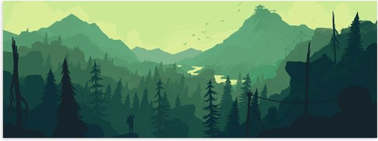 WallClassics - Poster Glanzend – Tekening van Bossen en Bergen - 90x30 ...