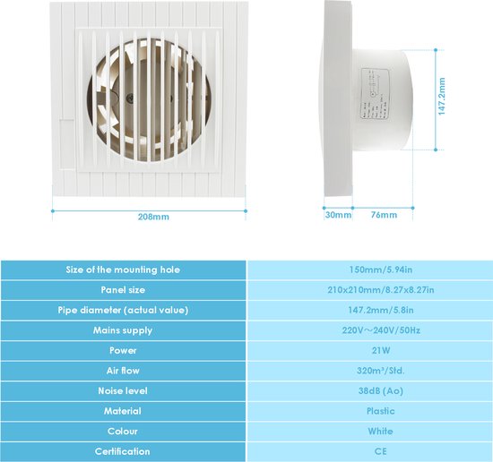 Badkamer ventilator- Toilet - Quiet | zeer stil | (38dB) Ø150mm | bol.com