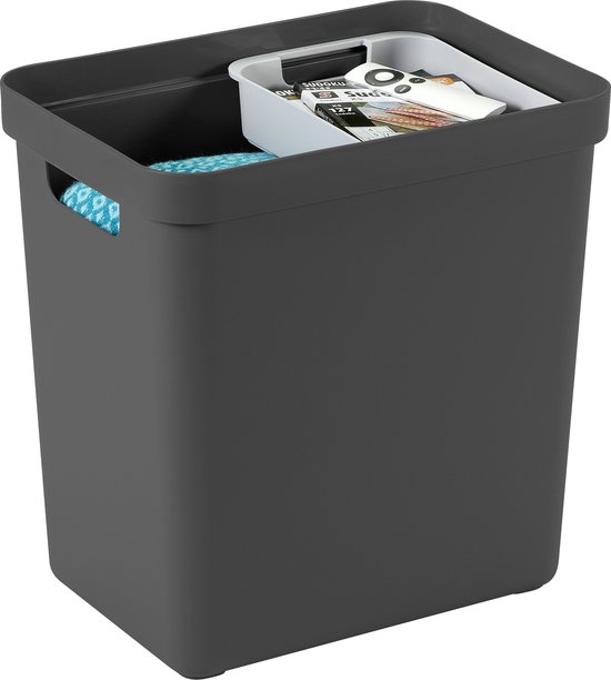 Sunware Opbergbox - antraciet - 25L - kunststof met houtkleur deksel | bol