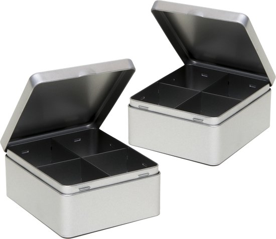 3x theedoos - 4-vaks - metaal - 15x13x7 cm - theekist - zilverkleurig | bol