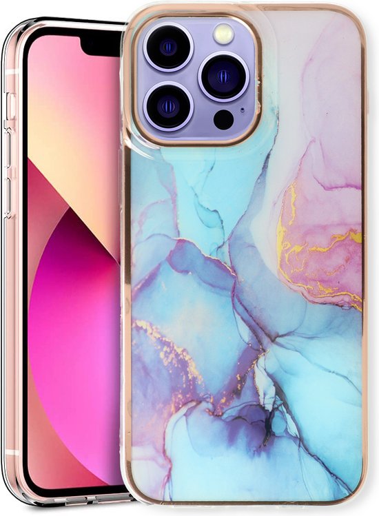 iPhone 13 Pro Hoesje Blauw - Siliconen Marmer Back Cover | bol.com