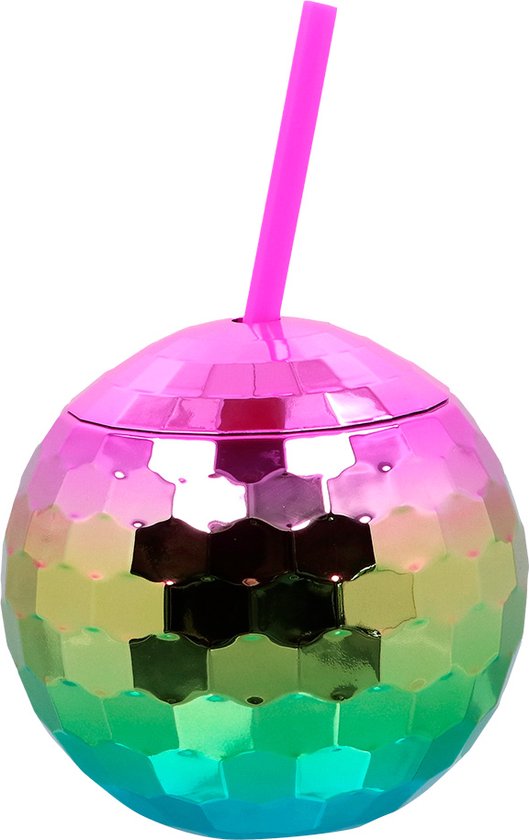 Boland - Discobal beker met rietje regenboog Multi - Glitter & Glamour ...