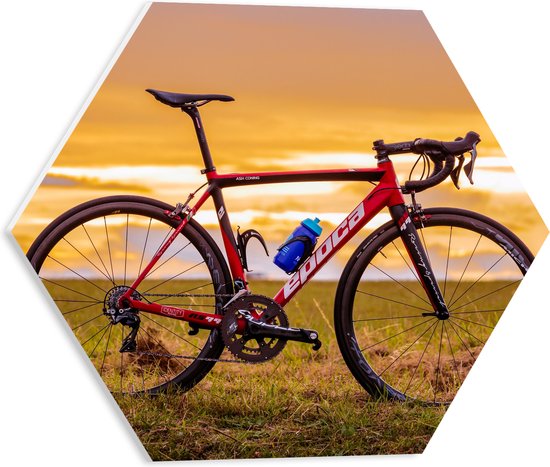 WallClassics - PVC Schuimplaat Hexagon - Rode Racefiets in Landschap ...