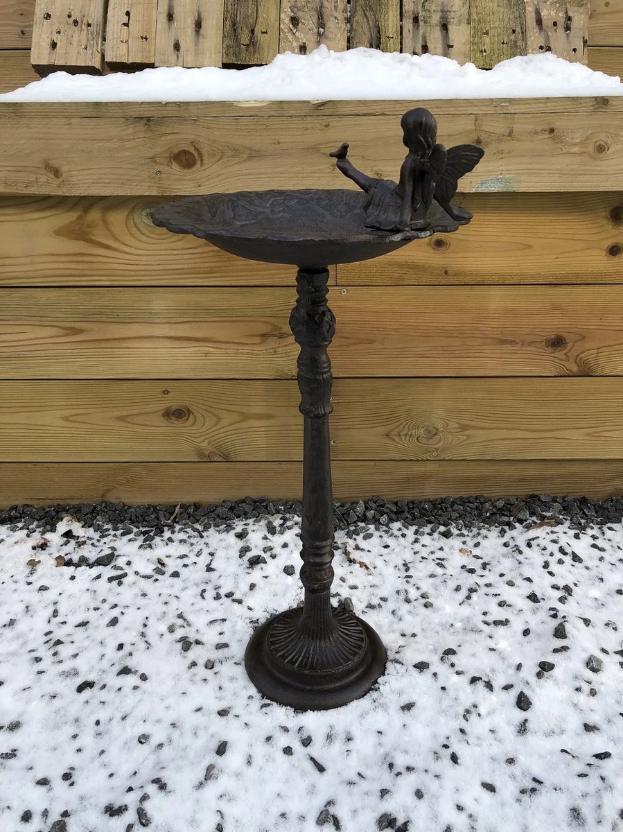 Vogelbad staand, vogelbadje gietijzer, met zittende engel, antiek | bol
