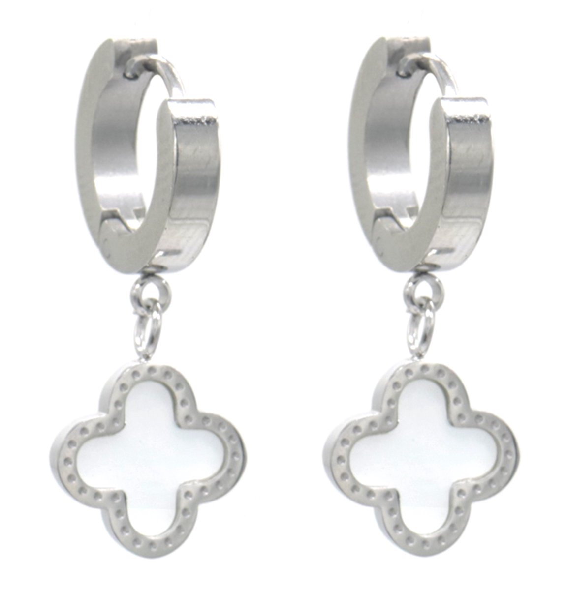 Oorbellen met Klaver - Oorringen - RVS - Zilverkleurig en Wit | bol.com