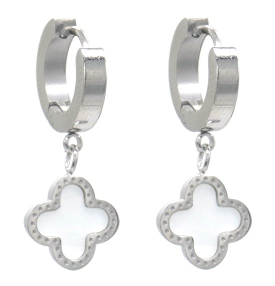 Oorbellen met Klaver - Oorringen - RVS - Zilverkleurig en Wit | bol.com