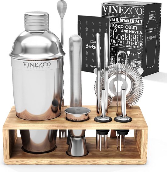 Cocktailshaker Set met Houten + Recepten Boek: 13 Delig RVS Staal ...
