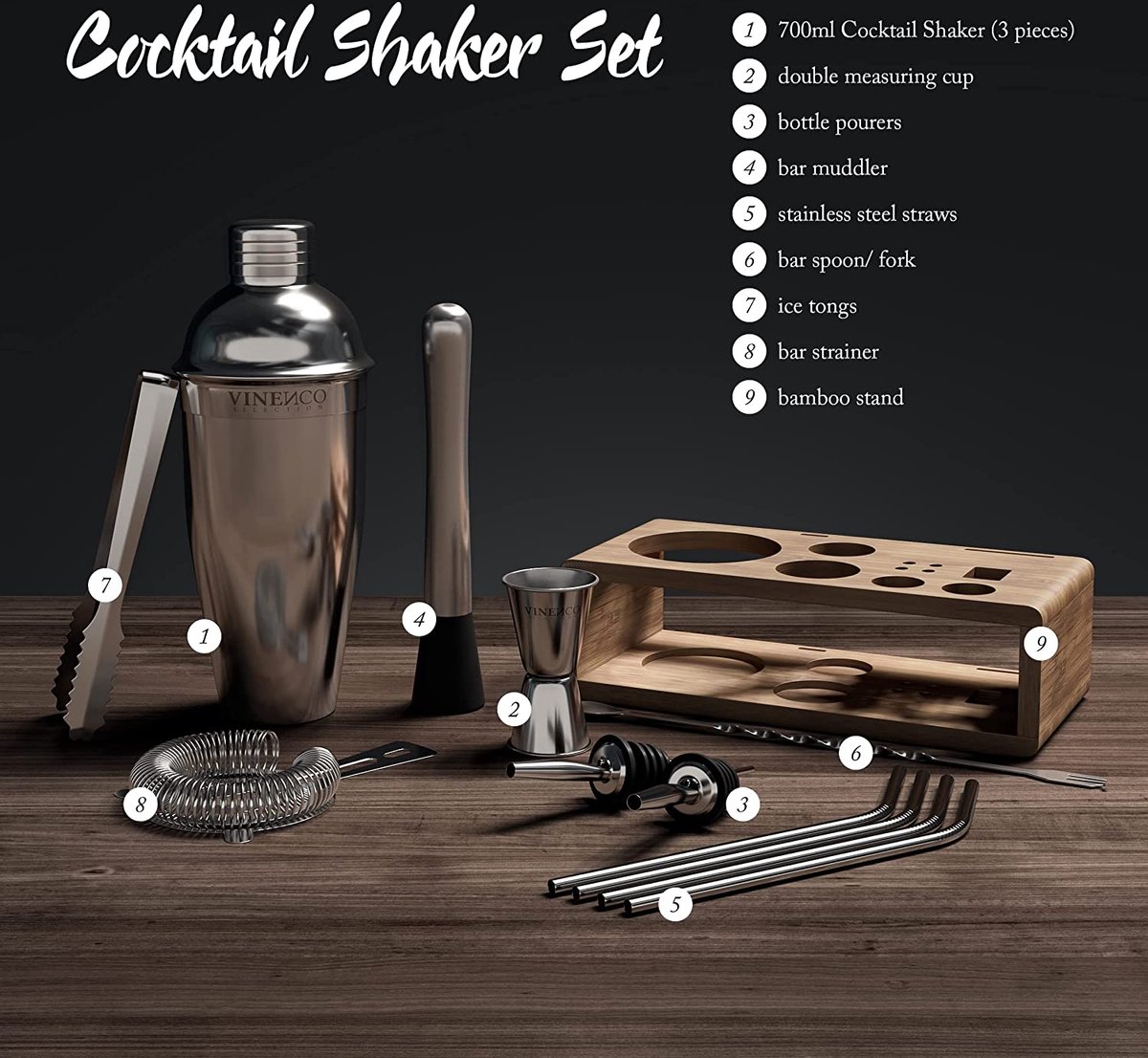 Cocktailshaker Set met Houten rek + Recepten Boek: 13 Delig RVS Staal ...