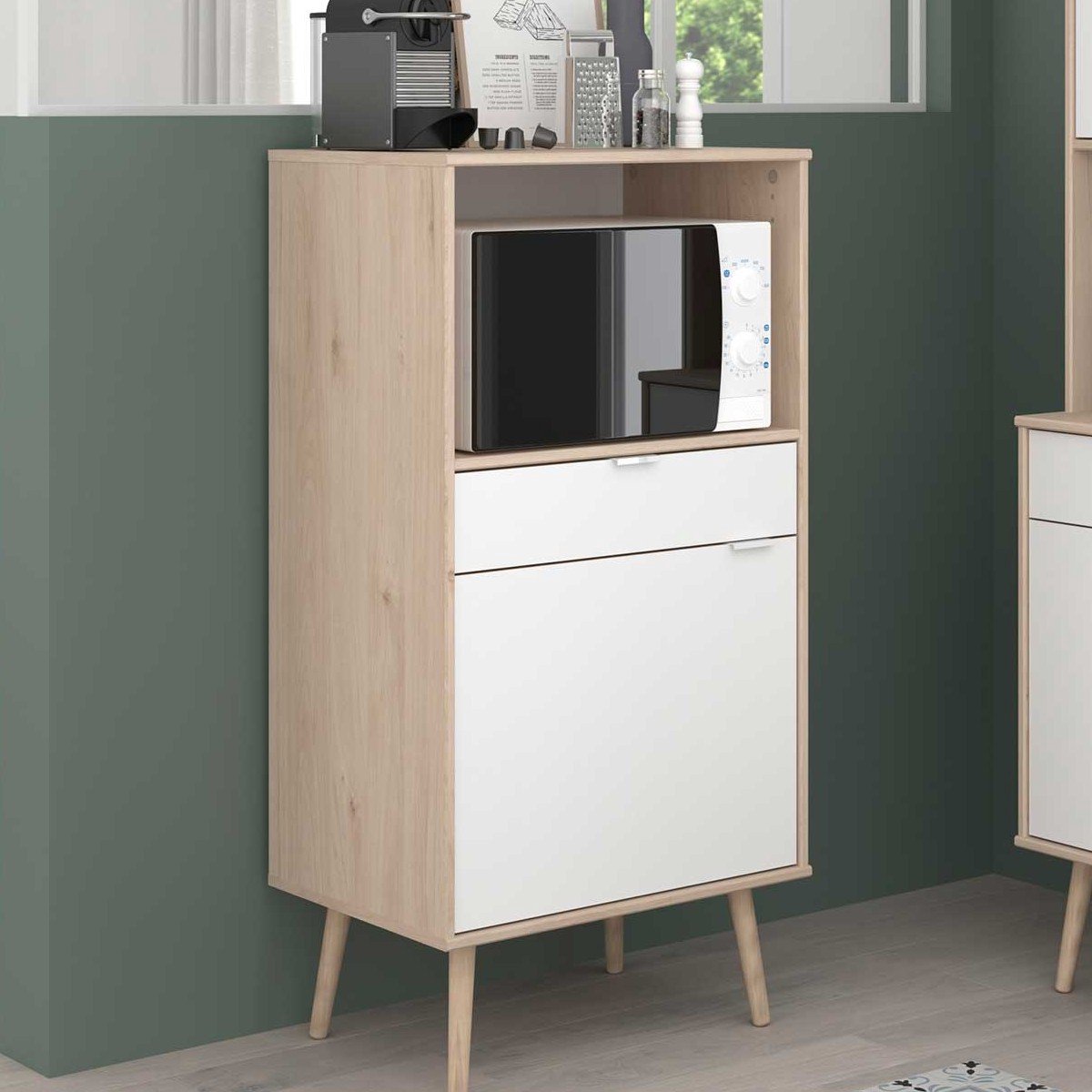 Meuble micro-ondes Filipa 60cm, 1 porte & 1 tiroir - décor blanc/chêne ...