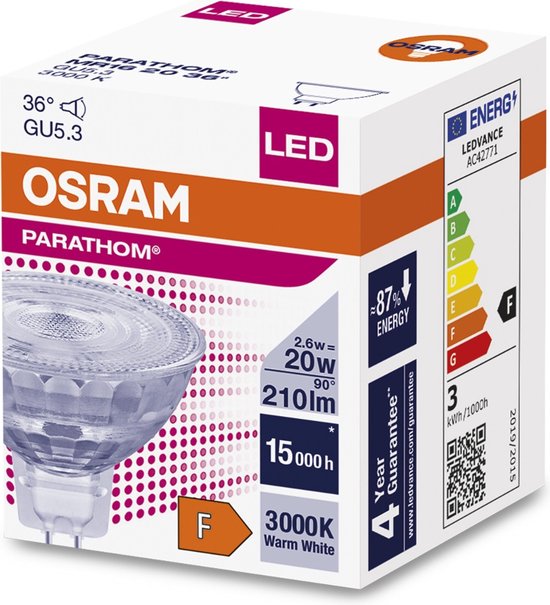 Osram Parathom LED Spot GU5.3 MR16 3W 230lm 36D - 830 Warm Wit | Vervangt 20W | bol.com