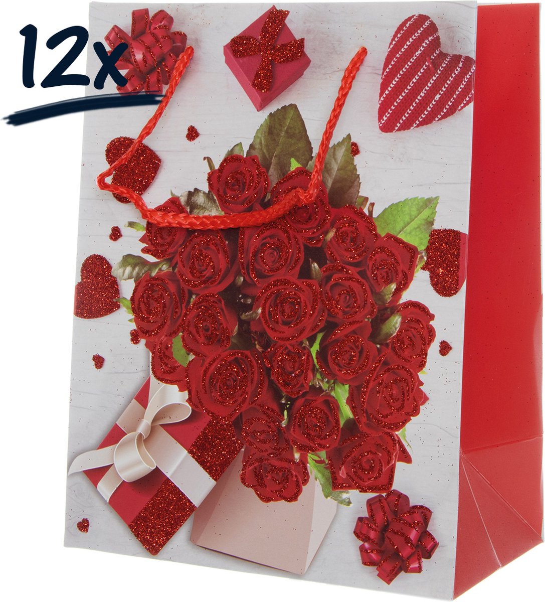 12x Stevige draagtassen LOVE Valentijn Moederdag Bloemen Rozen ...