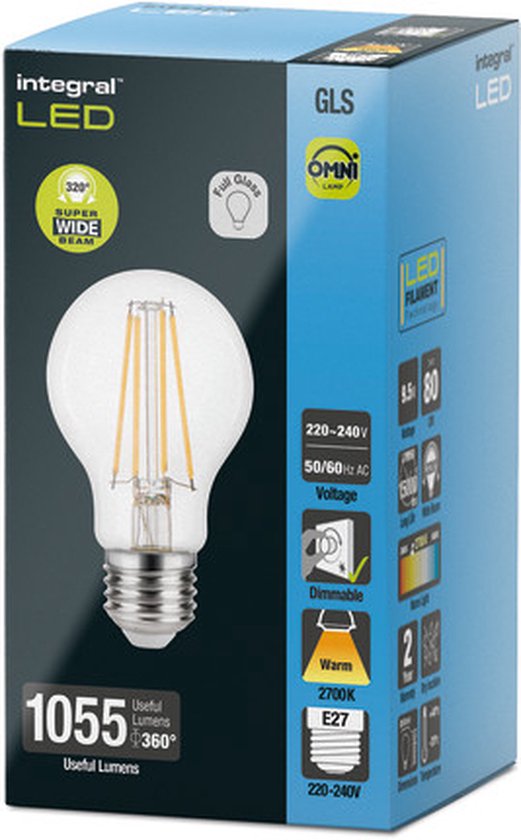Integral LED - E27 LED filament Lamp - 9,5 watt - 2700K - 1055 Lumen - Glazen... | bol.com