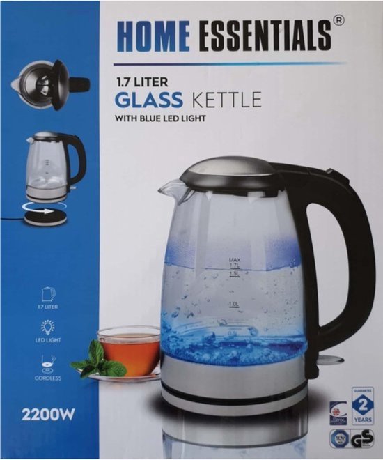 Home Essentials - Waterkoker - Glass - Blue Led Light - 1.7L | bol