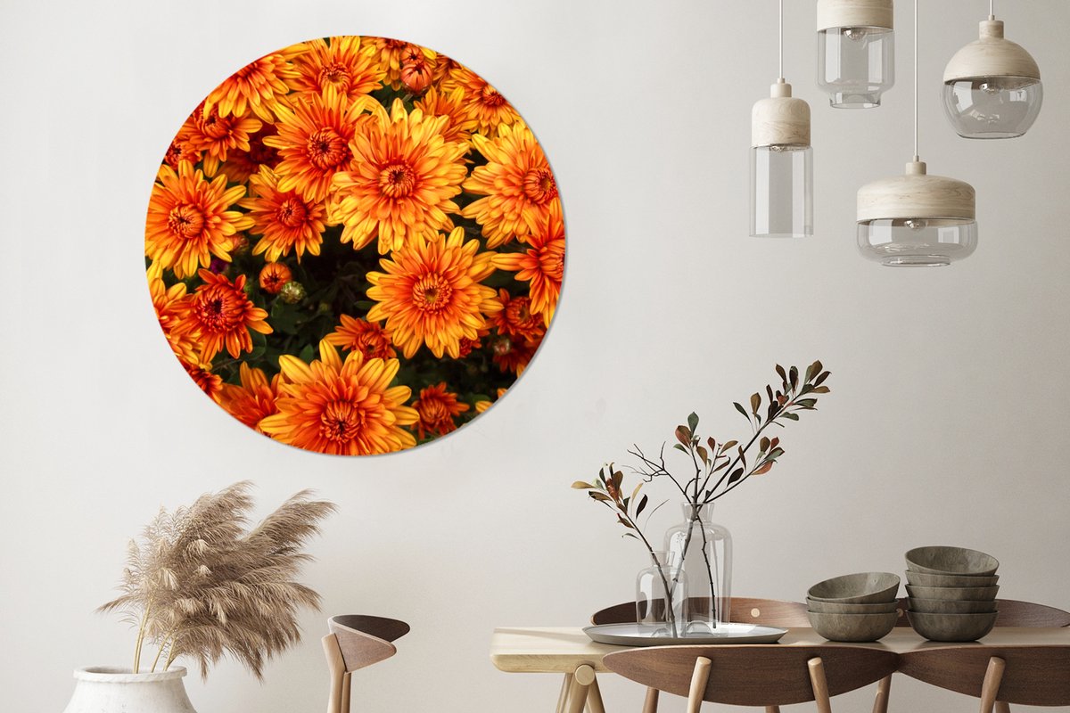 WallCircle - Muurstickers - Behangcirkel - Bloemen - Oranje - Chrysant - ⌀ 140 cm -... | bol