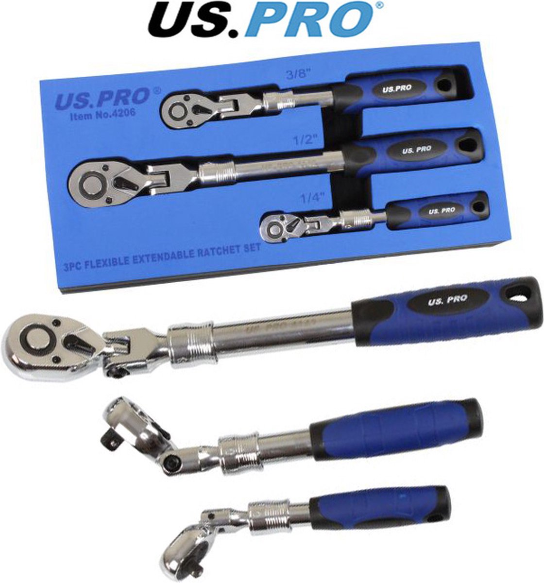 Uitschuifbare ratel set met flexibele kop in foam inlay 1/4" - 3/8" en ...