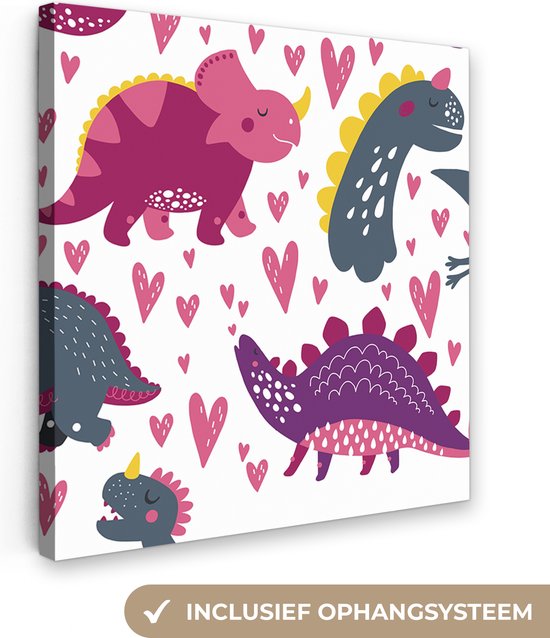 Canvas doek kids - Dinosaurus - Dieren - Roze - Kinderen ...