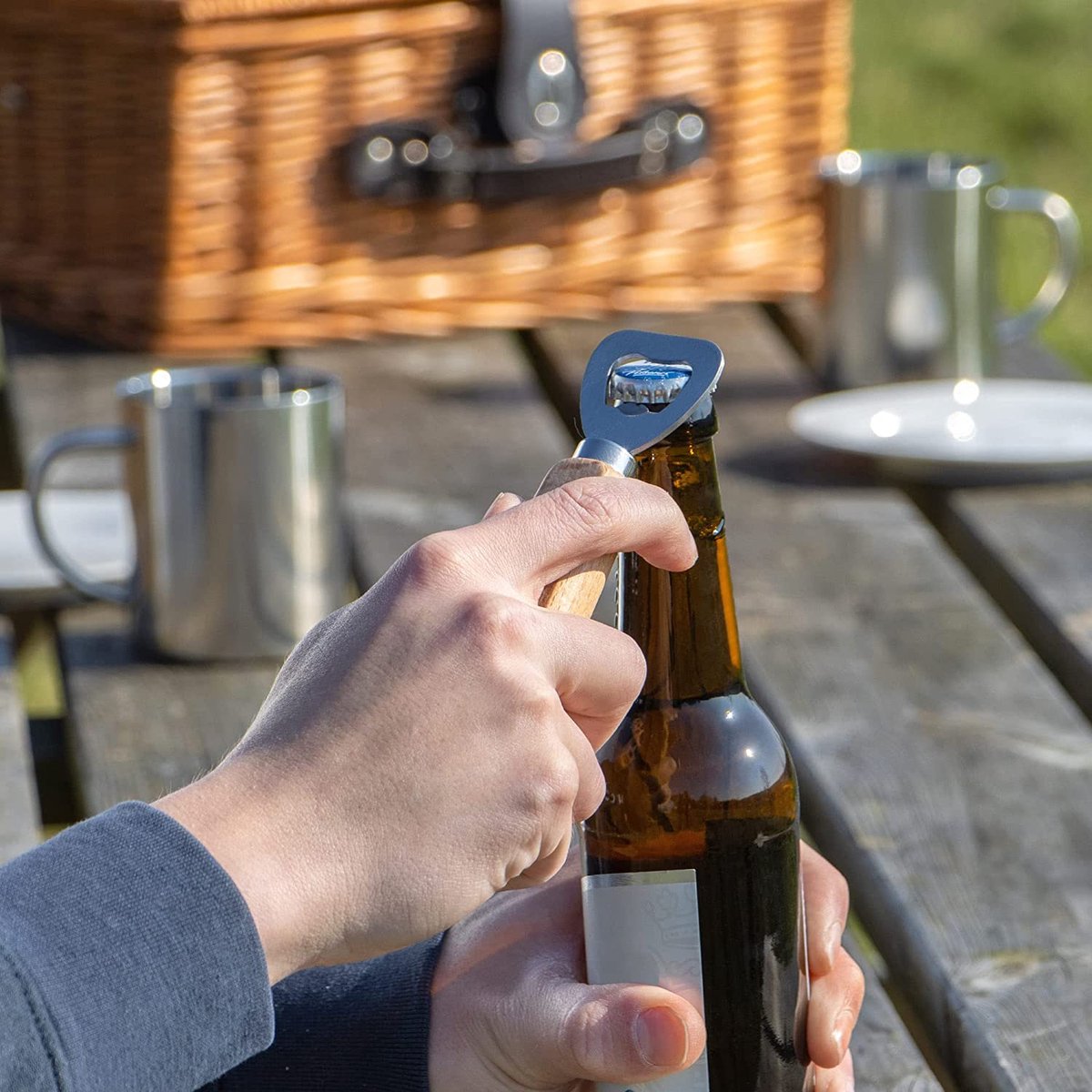 flesopener van roestvrij staal - met ergonomische beukenhouten ...