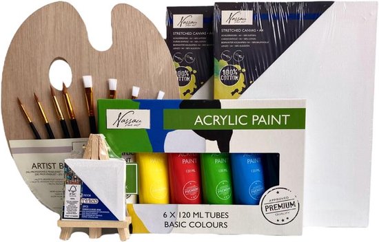 Nassau Fine Art Acrylverf Set | Acrylverf 6x120ml | Schilderspalet Hout ...