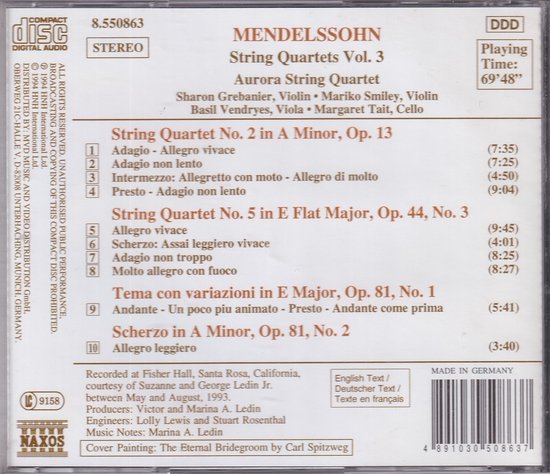 String Quartets 3 - Felix Mendelssohn-Bartholdy -Aurora String Quartet, Aurora String... | bol