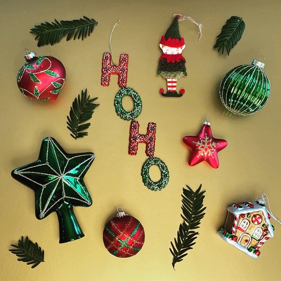 Set van 3 Rode Kerstballen Groene Glitter Hulstblaadjes decoratie ...