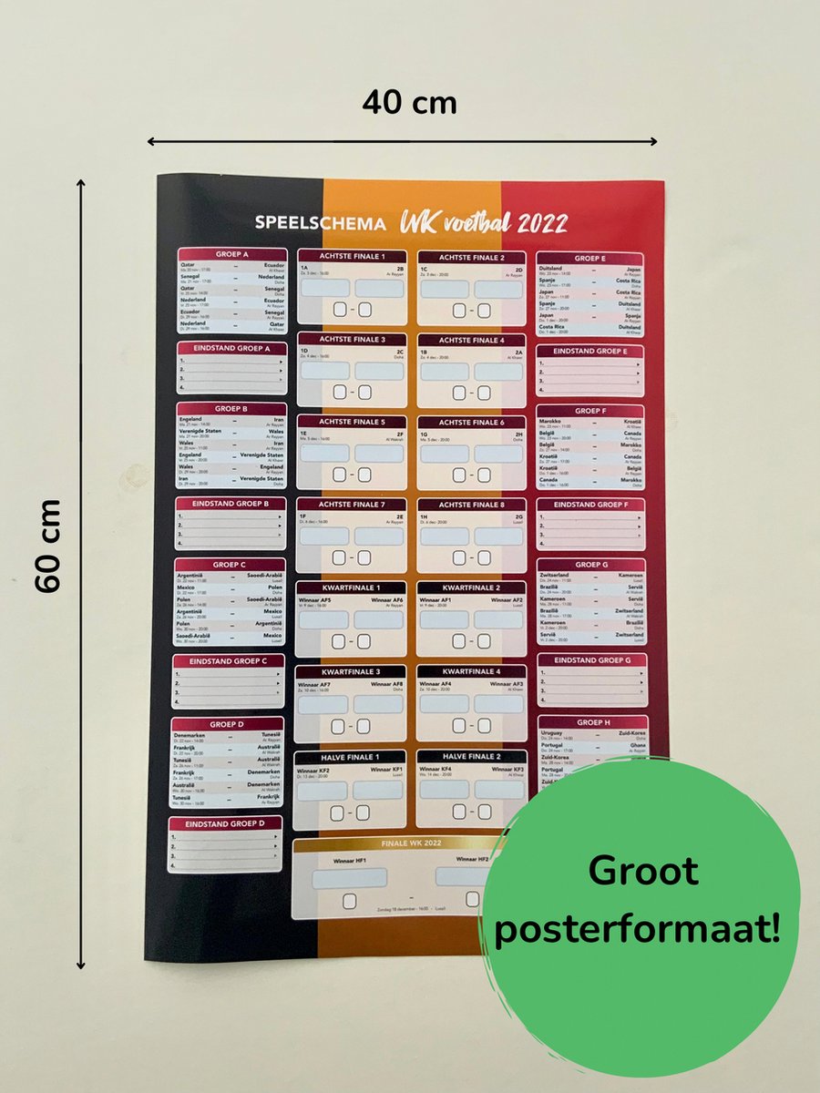 WK speelschema 2022 (40x60)| WK voetbal 2022 | België speelschema 2022 | WK 2022 Qatar | bol.com