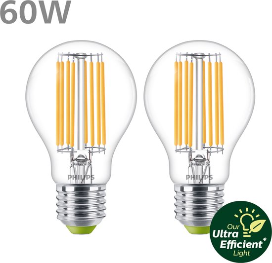 Philips LED lamp Transparant - 60 W - E27 - warmwit licht - 2-pack - Bespaar op... | bol