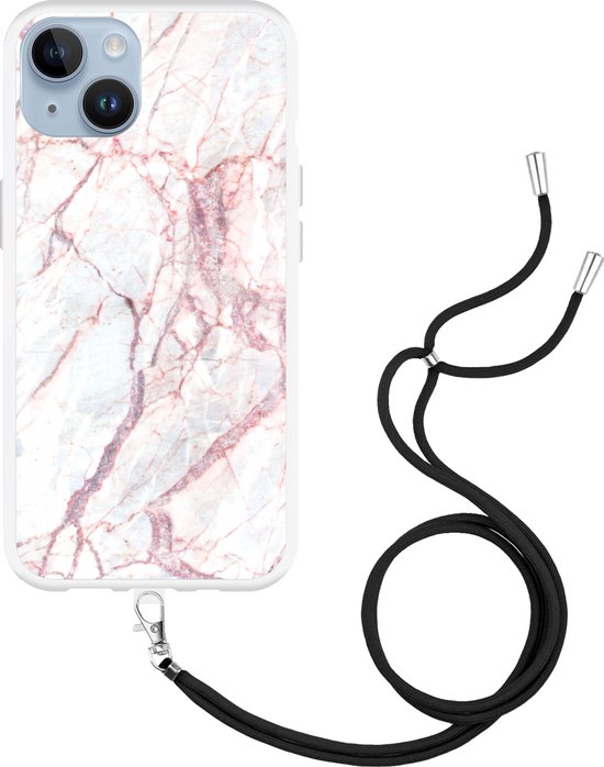 Cazy Hoesje Met Koord Geschikt Voor Iphone 14 White Pink Marble Bol