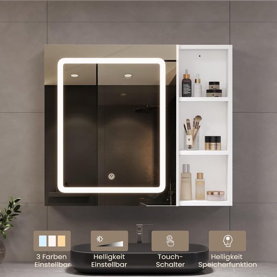 Spiegelkast badkamer met ledverlichting, 70 x 16 x 60 cm, enkele deur ...