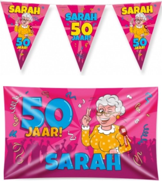 Sarah 50 jaar verjaardag versiering pakket – vlag – gevelvlag – cartoon ...