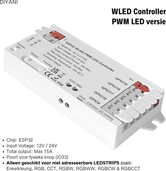 DIYANI WLED PWM Controller - WiFi LED dimmer voor RGB, RGBW & RGB+CCT ...