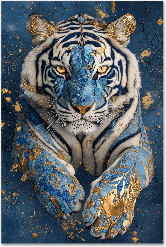 Graphic Message - Schilderij op Canvas - Edelsteen Tijger - Blauw Goud - Moderne Kunst... | bol