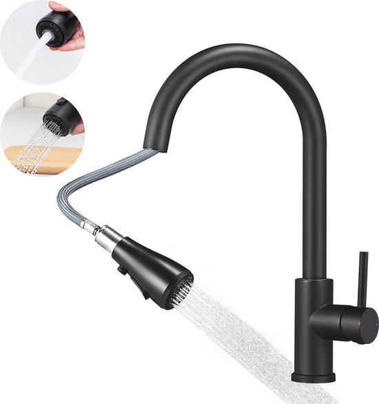 Cecipa max Zwarte Keukenkraan met Uittrekbare uitloop - 2 Straalsoorten - 360°... | bol