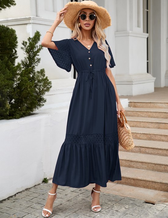 Zomerjurk Dames Maxi-jurk Korte Mouw Casual V-hals Boho Lange Jurk Donkerblauw XXL | bol