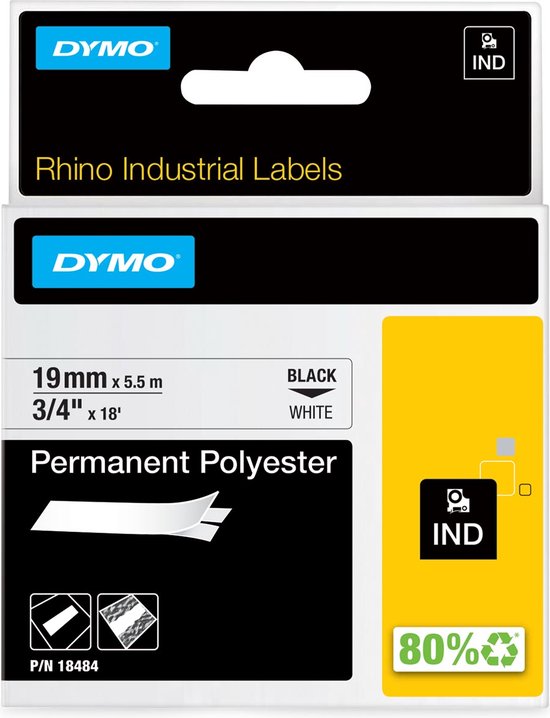 DYMO Rhino industriële labels | Permanent Polyester | 19 mm x 3,5 m | zwarte afdruk op... | bol